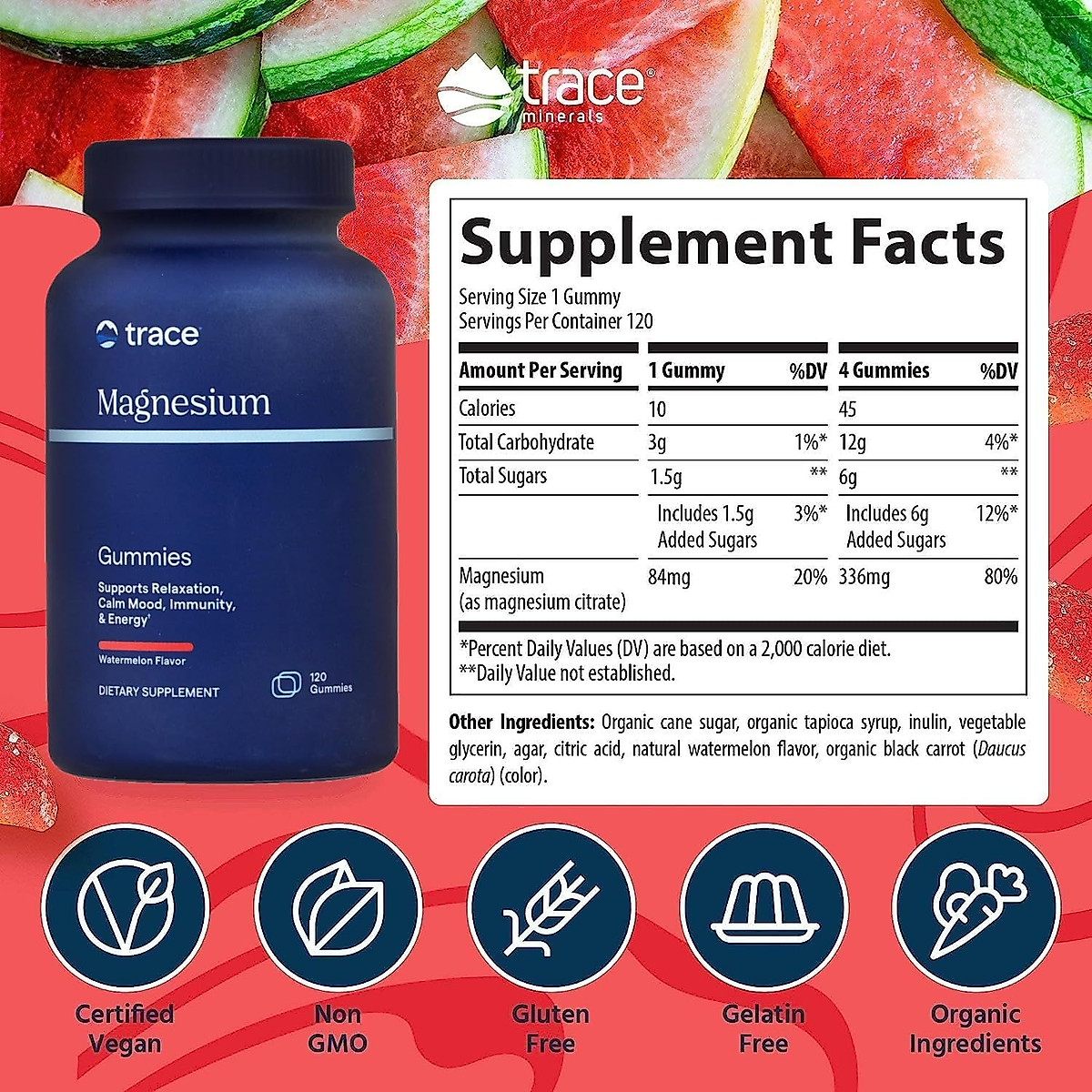 Trace Minerals Magnesium 84mg - Chewable Magnesium Supplement for Bone & Heart Health Support - Immune System Support - Aids Relaxation & Healthy Sleep - Watermelon, 120 Gummies (120 Servings)