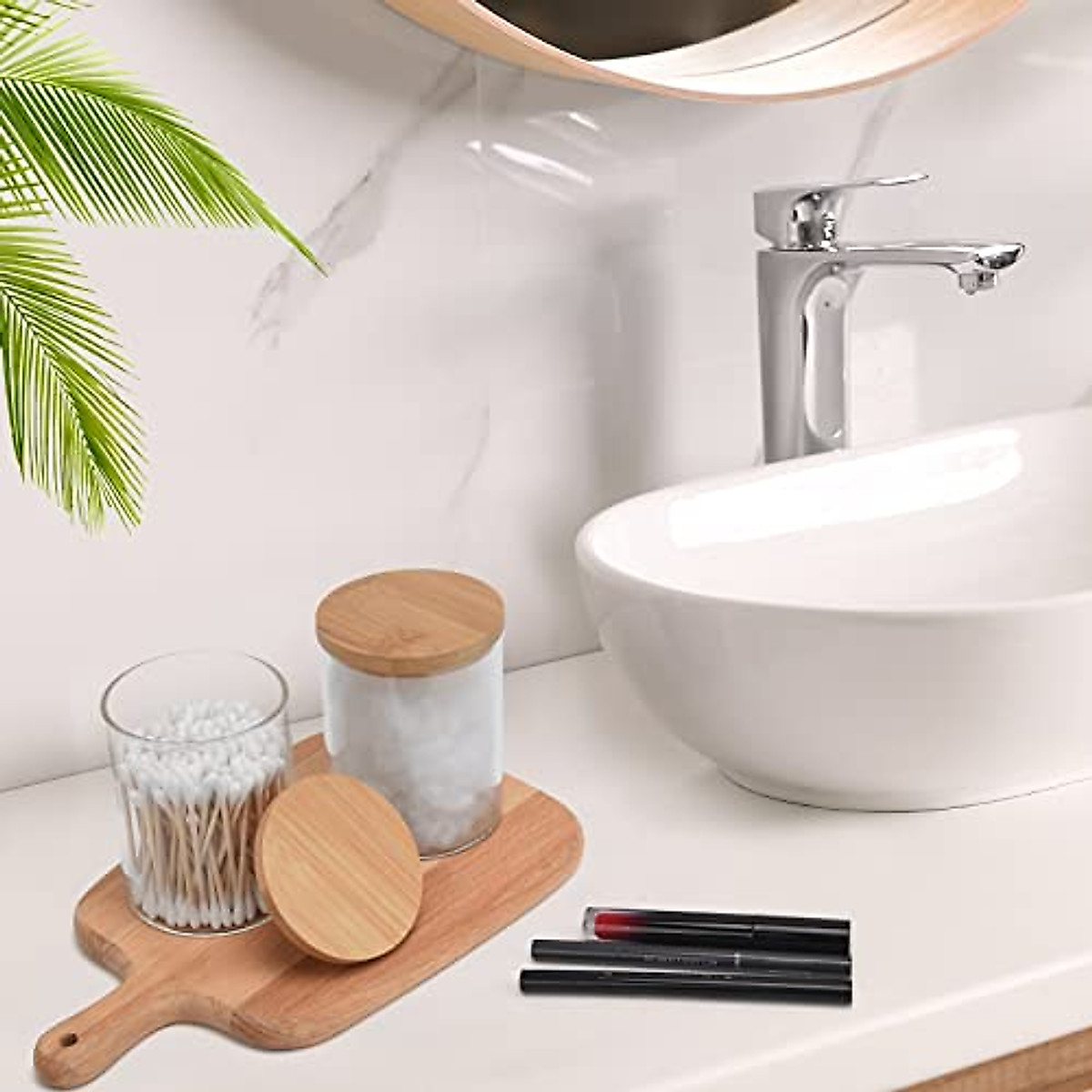 BKYFPQ 2 Pack Glass Qtip Holder Dispenser Bathroom Jars with Bamboo Lids, Cotton Ball Pad Round Swab Holder for Bathroom Accessories Storage Organizer,Farmhouse Bathroom Decor, Boho Bathroom Decor.