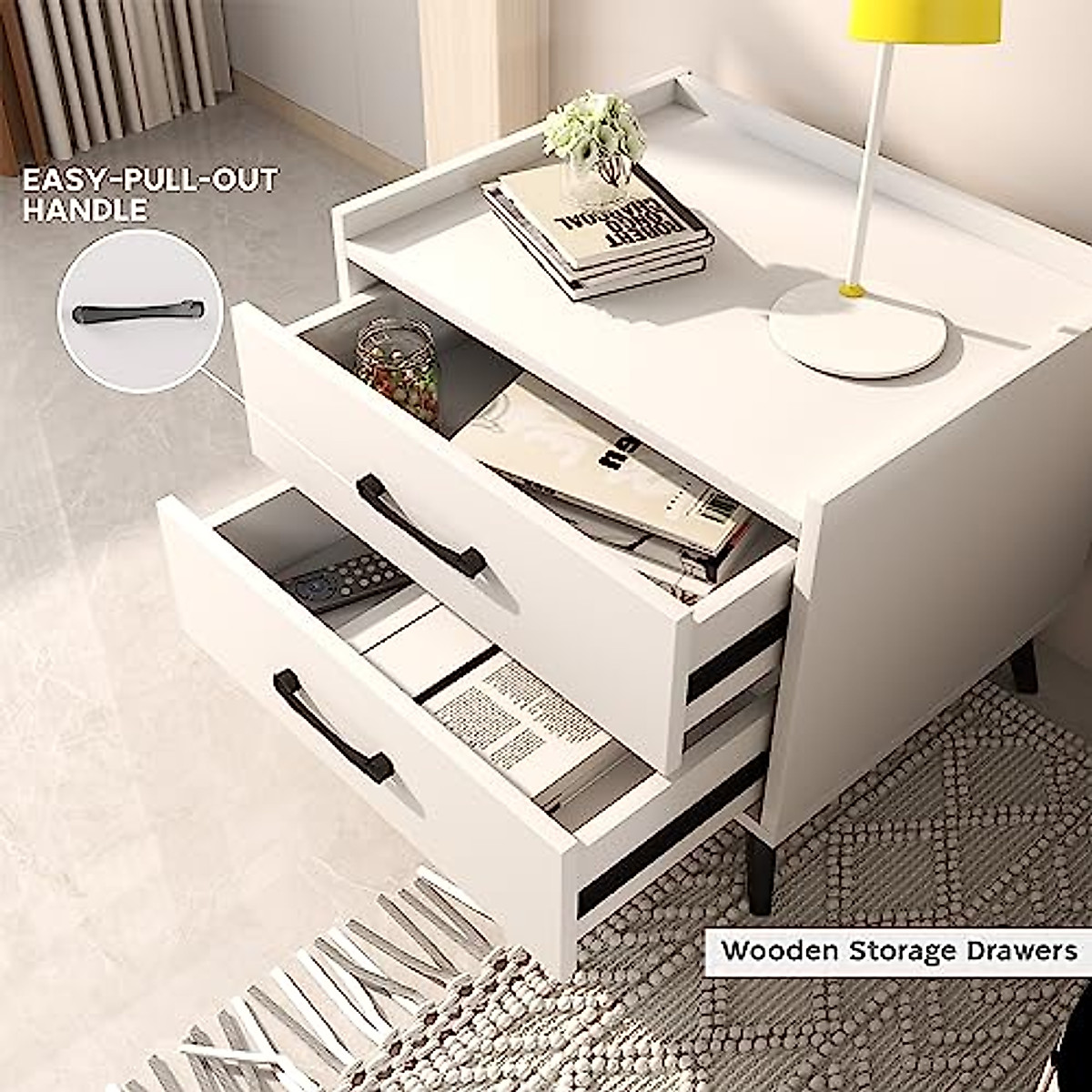 Youmumeub Nightstand with 2 Drawers White Besides Table for Bedroom Modern End Table for Bedroom Sofa Small Caninet with Solid Metal Legs