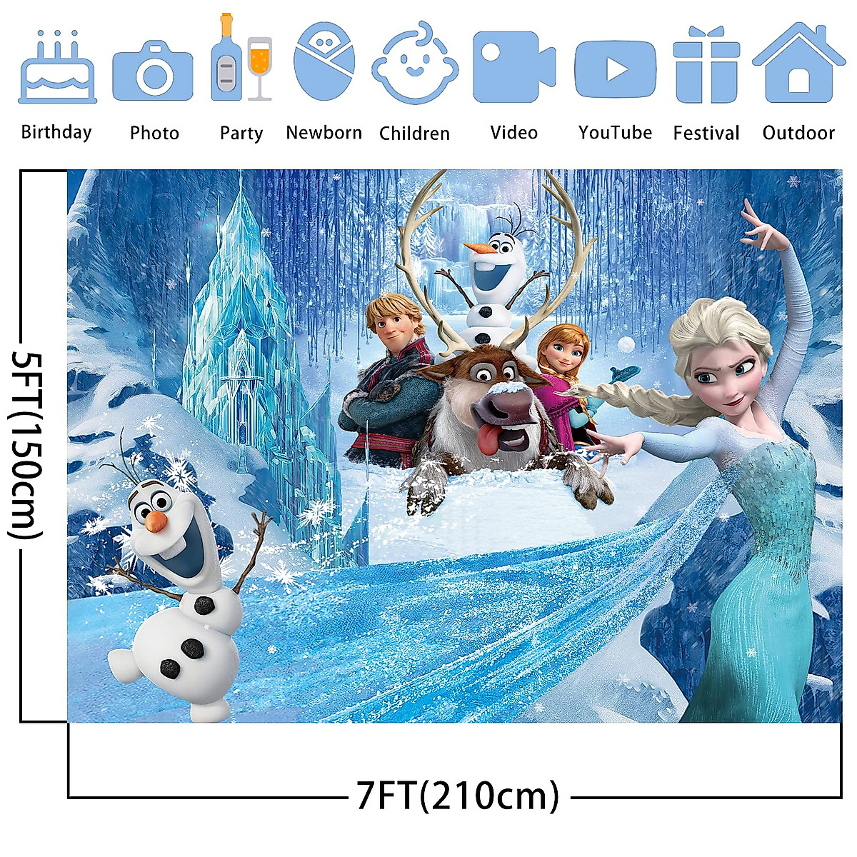 Frozen Backdrop,7x5FT Frozen Theme Happy Birthday Backdrop for Girls Elsa Princess Background Frozen Photography Background Party Supplies Blue
