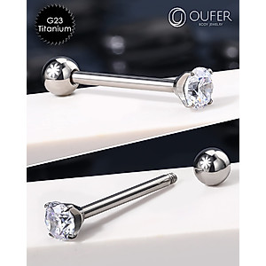 OUFER 14G Tongue Rings, Shiny Clear CZ Tongue Barbells, G23 Solid Titanium Tongue Piercing Jewelry, Nickel-free Tongue Ring for Women Men