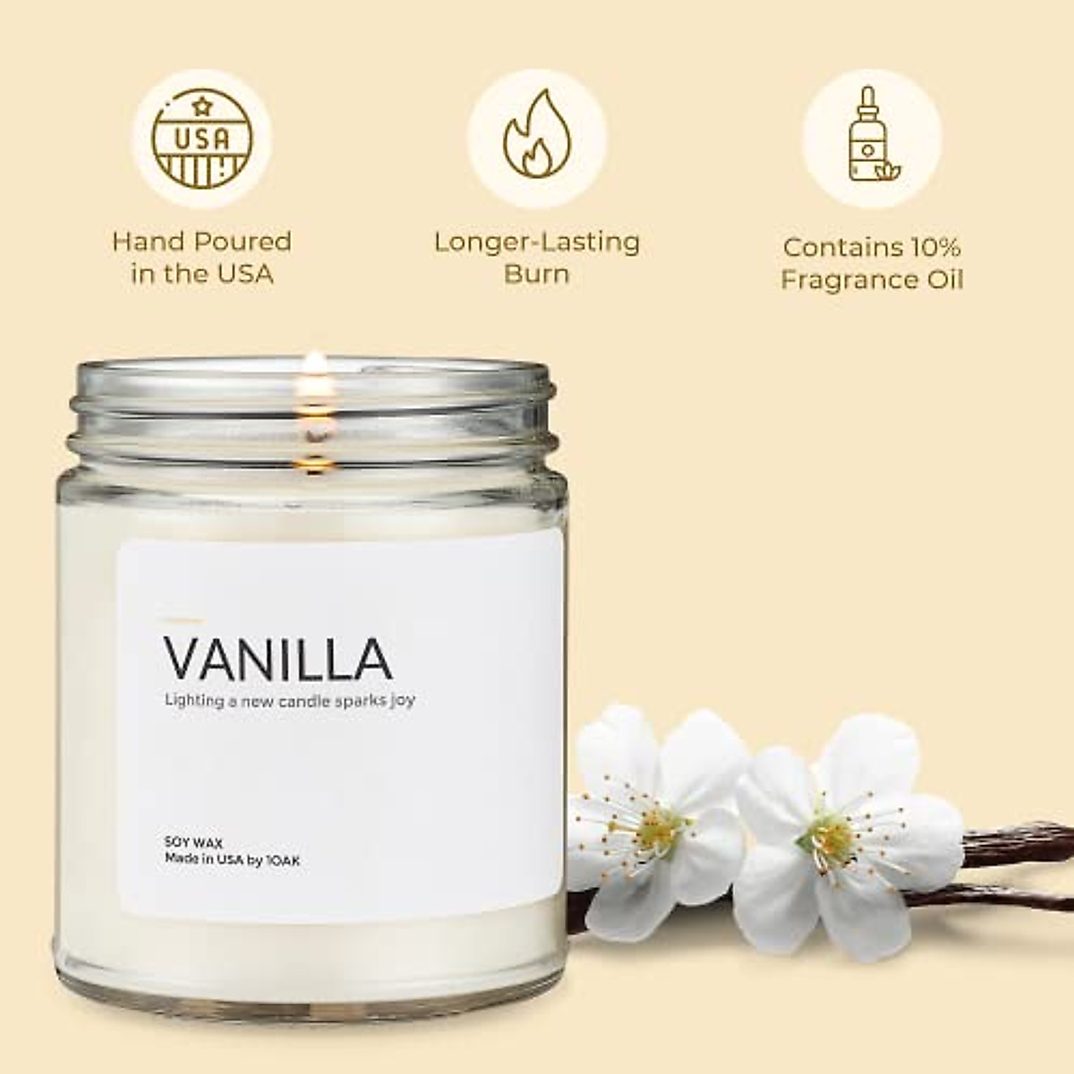 1OAK Soy Wax Scented Candles (Vanilla) - Soy Candles for Home Scented - Long Burning Candles Premium - Hand-Poured (9oz.)