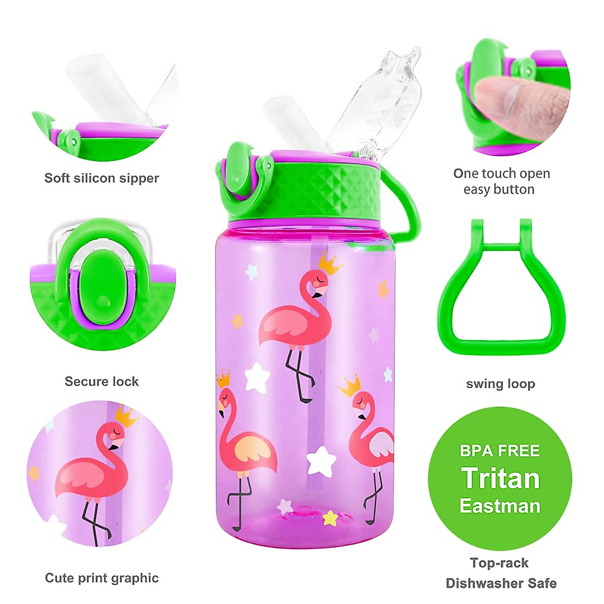 Home Tune 14oz Kids Water Drinking Bottle - BPA FRE, Chug Lid, Flip Sip Cap, Easy Open, Lightweight, Leak-Proof with Cute Design for Girls & Boys - 1PK - Flamingo