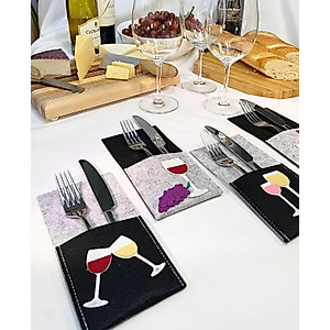 Wine Tasting Party Silverware Holders - 8 Pack Made of Sturdy, Colorful Felt with Fun Wine Bottle, Glass and Grape Images. Terrific for Entertaining or Book Club Hostess or House Warming Gift