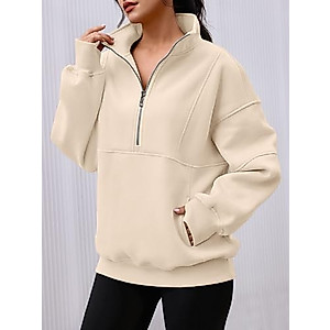 AUTOMET Women's Half Zip Oversized Sweatshirts Fleece Pullover Long Hoodies Casual Mock Turtleneck Sweaters with Pockets Apricot XL