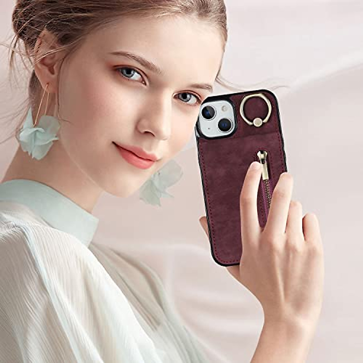 Nunwiza for iPhone 14 Case/iPhone 13 Case Wallet with Card Holder, Leather Protective Case Purse with Ring Holder for Apple iPhone 14 6.1 inch Wine Red