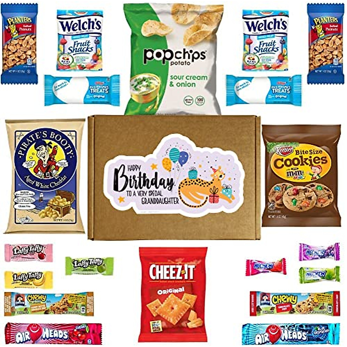 Hangry Kit Birthday Snack Box for Your Grand Daughter - (20 count) Happy Birthday Gift Basket Care Package - Contains Birthday Snacks, Cookies, Chips, Candy. Party Variety Gift Box.