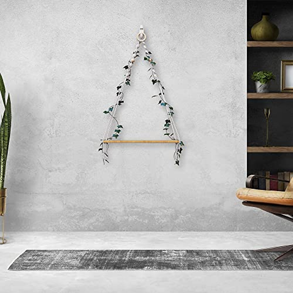 MACOLOGY Macrame Wall Decor-Boho Decor-2 Pack of Shelves with Ivy Plants-Boho Wall Decor-Hanging Shelves for Wall-Room Decor-Wood Shelving-Chic Aesthetic-Wall Shelves for Plants-Bohemian Shelves