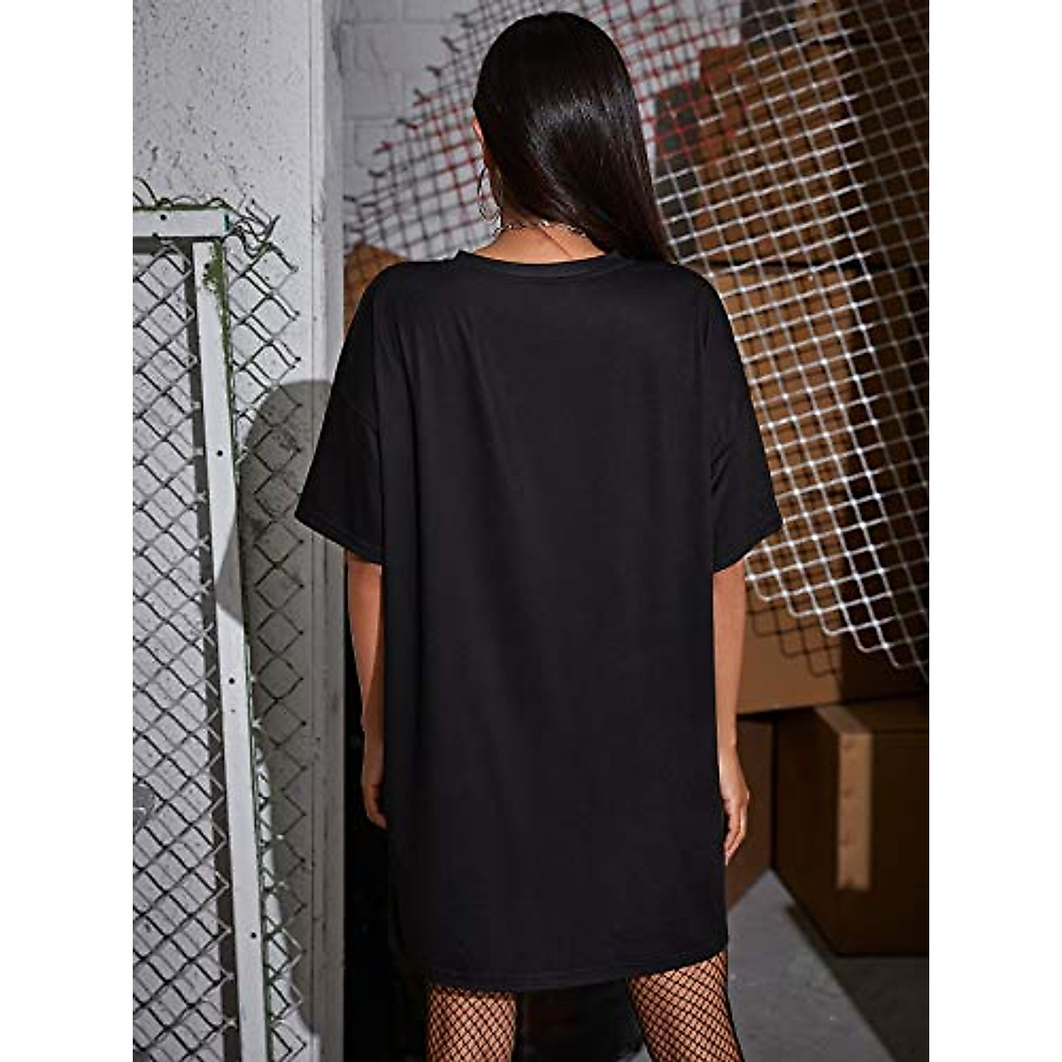 SOLY HUX Women's Casual Graphic Print Short Sleeve Loose T Shirt Dress Black L