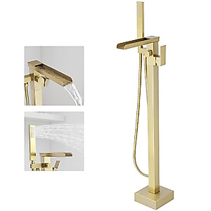 Freestanding Bathtub Faucet Brushed Gold Waterfall Bathtub Faucet Floor Mount Tub Filler Single Handle Bathtub Shower Faucets with Hand Shower Swivel Spout Brass Mixer Tap by BWE