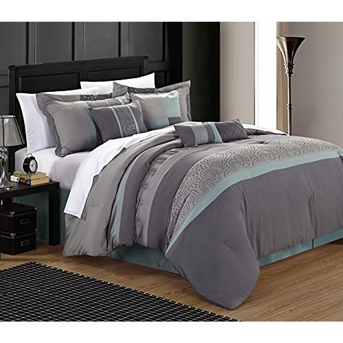 Chic Home 43CK117-AN 8-Piece Euphoria Embroidered Comforter Set, King, Dark Grey/Green