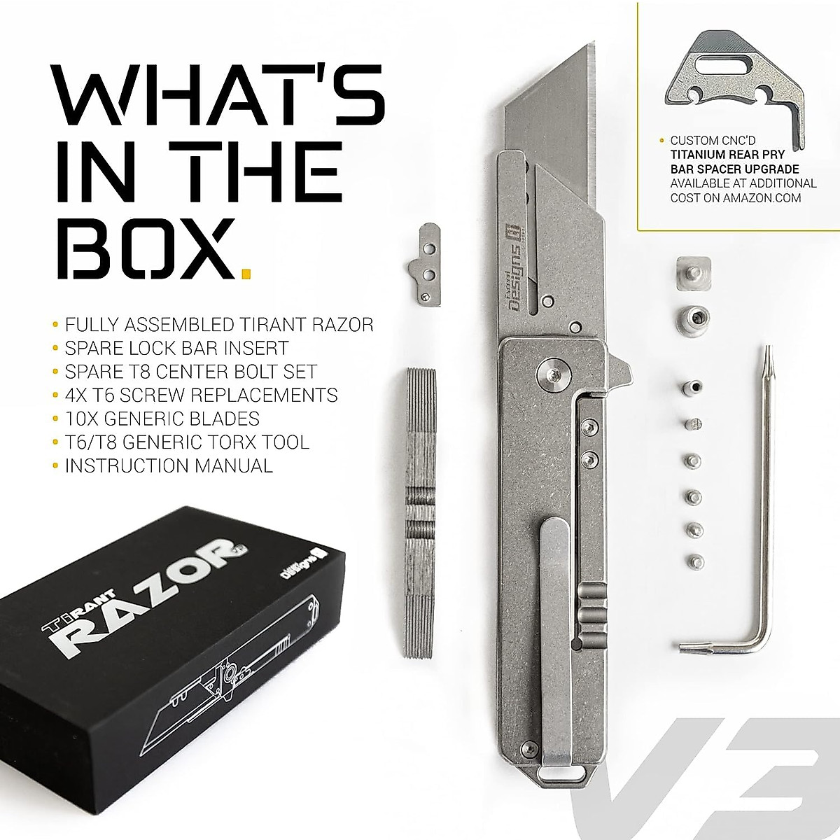 TiRant RAZOR V3 Utility Knife (Stonewashed 6AL-4V Titanium) Elite DUAL-APEX Edition EDC Box Cutter