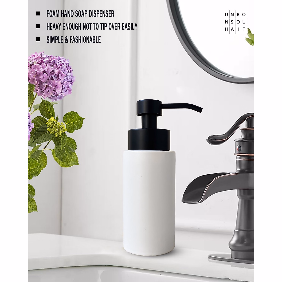 UNBONSOUHAIT 9.5 Oz Foaming Soap Dispenser for Bathroom,Kitchen Foam Soap Dispenser,Refillable Modern Foam Pump Bottle,Black Ceramic Foaming Hand Pump Dispenser (White)