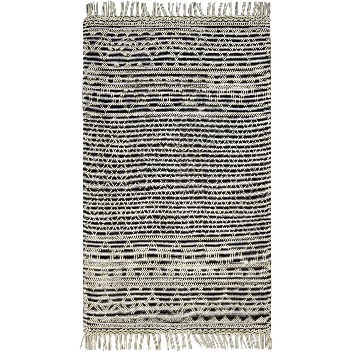 8' X 10' Gray and Ivory Wool Geometric Hand Woven Area Rug with Fringe
