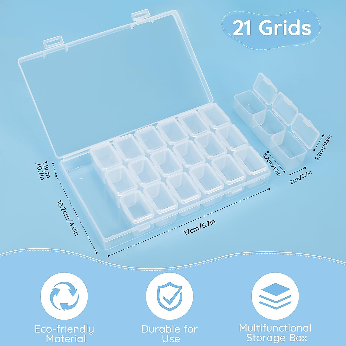 COSICS 21-Grid Rhinestone Case Organizer, 2 Pack Empty Plastic Nail Tips Storage Box with Compartment, Beads Organizer for Jewelry Accessories, False Nails, Gem Stones, Tackles