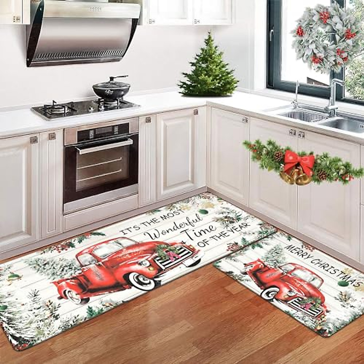 Ileading Red Truck Xmas Tree Kitchen Rugs and Mats Set of 2 Merry Christmas Anti Fatigue Kitchen Floor Mat Farmhouse Wood Grain Comfort Standing Mat Waterproof Kitchen Sink Mat for Floor Kitchen Home