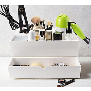 Organizer for Hair Tools for Countertop, Acrylic Hair Dryer Caddy Storage Holder for Hair Straightener,Hair Dryer and Curling Iron Holder, Vanity Bathroom Drawer Trays,White