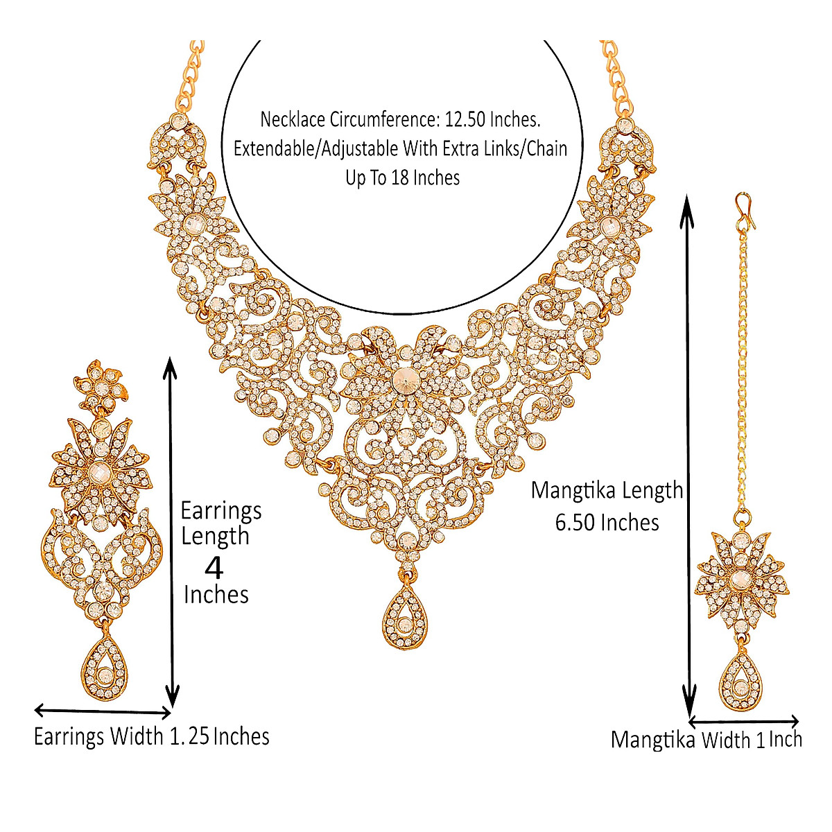 Touchstone Indian jewelry sets for women bollywood gold wedding bridal necklace desi earrings formal fancy rhinestone india designer jewellery punjabi white kundan tikka set in antique gold tone.