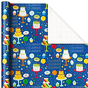 Hallmark Birthday Wrapping Paper Set (3 Rolls: 90 Sq. Ft. Ttl, 10 Bows, Ribbon, Gift Tag Stickers) Rainbow Stripes, Cake, "Happy Birthday" for Kids and Adults