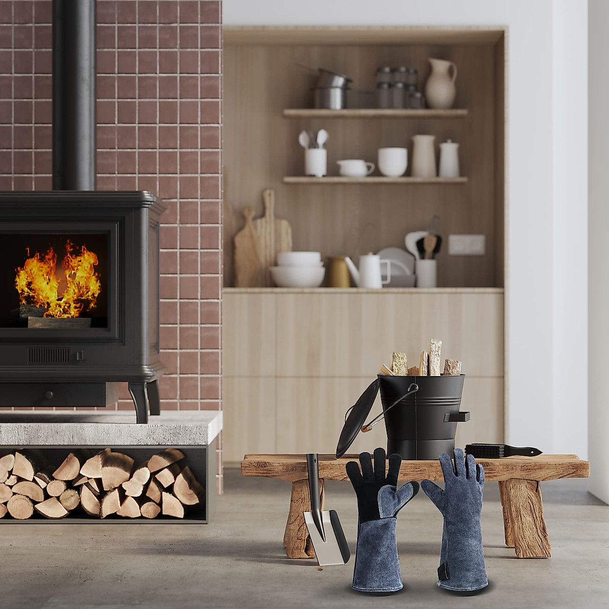 JWX Ash Bucket, Ash Set Keep Your Fireplace Clean and Safe Includes Shovel, Lid, Heat-Resistant Gloves, and Coconut Fiber Brush