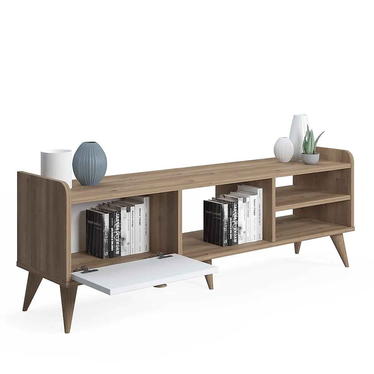 Ruumstore Vena TV Stand 55'', with 1 Flip Door and 3 Shelves, TV Stand for Media, Natural Oak Colour