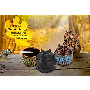 MOOTKA Owl Ashtray, Smellproof Outdoor Ash Tray with Lid, Ashtrays Cigarettes Gifts Ceramic Fairy Garden Animals Ornaments, Women's Day Mother Father Home Decor (Blue)