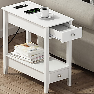 Treocho Side Table with Charging Station, Narrow End Table with Storage, 2-Drawer Nightstand with USB Ports & Power Outlet, White Sofa Bedside Table for Small Spaces, Living Room, Bedroom