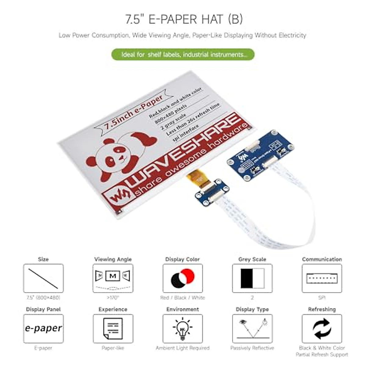 Waveshare 7.5inch E-Paper E-Ink Display HAT Compatible with Raspberry Pi 5/4B/3B/Zero/Zero W/Zero 2W/Pico/Pico W/Pico WH, 800×480 Pixels Red/Black/White Three-Color SPI Interface