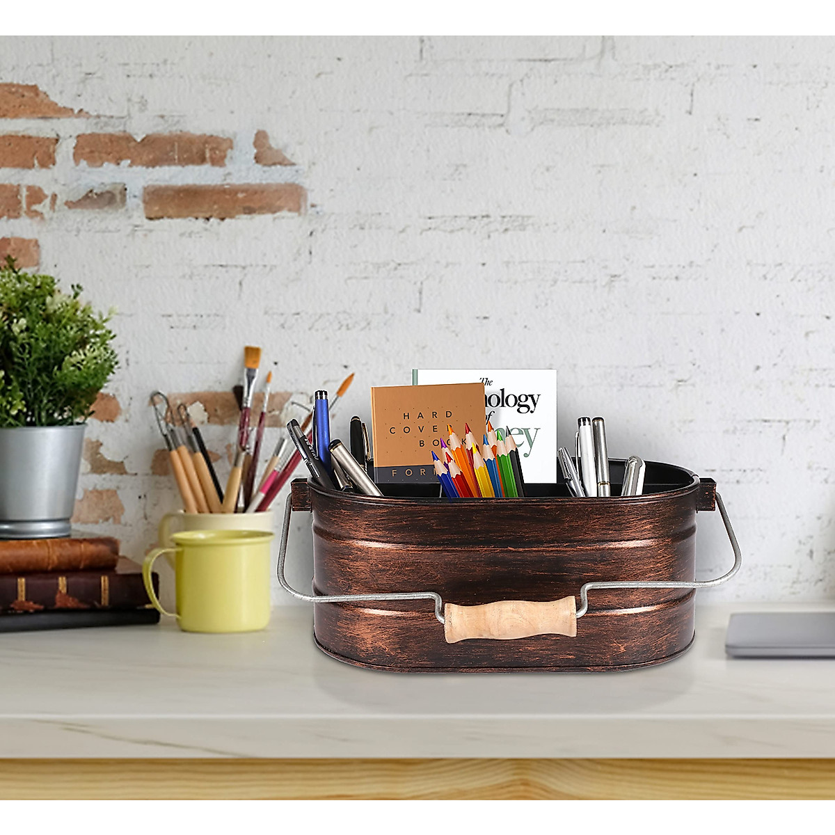 Homebia Designs Galvanized Metal Caddy with 4 Compartments, Rustic Farmhouse Kitchen Indoor Outdoor Picnic Utensil Holder, Multipurpose Storage Bin, Metal Garden Planters - 12 Inch - Copper Antique