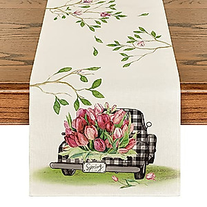 Artoid Mode Tulip Buffalo Plaid Truck Spring Table Runner, Summer Seasonal Anniversary Holiday Kitchen Dining Table Decoration for Indoor Outdoor Home Party Decor 13 x 72 Inch