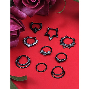 Vsnnsns 16G Septum Jewelry Septum Ring Piercing Jewelry Opal Septum Clicker Ring and Horseshoe Barbell Stainless Steel Ring Septum Nose Rings Hoop for Men Women Black 10mm 9pcs