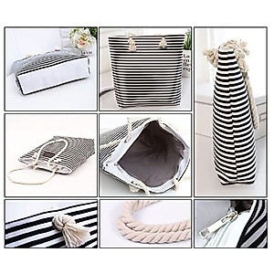 Canvas Tote Bag | Canvas Striped Hemp Rope Handle Shoulder Tote Bag | Black Stripe Tote Bag | Tote bag For Multipurpose Used., Large