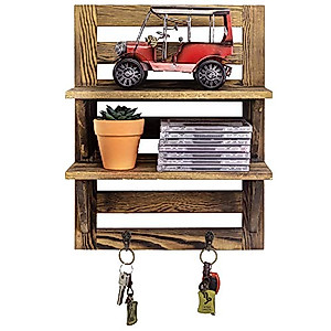 MyGift 2-Tier Dark Brown Wood Wall Mounted Shelf Rack with Key Hooks, Entryway Storage Display Shelves, Bathroom Shelving and Towel Hooks, 7 x 13-Inches