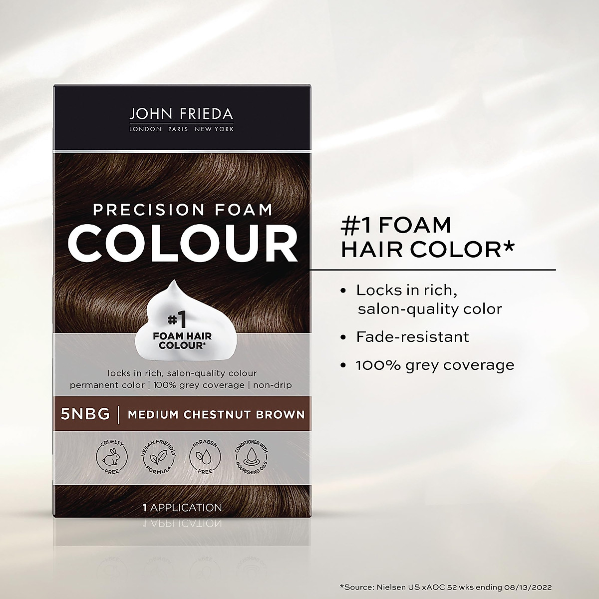 John Frieda Precision Foam Colour, Medium Chestnut Brown 5NBG, Full-coverage Hair Color Kit, Anti-Fade Gray Coverage, Deep Color Saturation Hair Dye, 1 Application