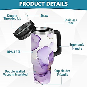 SEHANY Purple Marble 40 Oz Tumbler with Lid and Straw, Double Vacuum Stainless Steel Insulated Sports Water Bottle Cup Holder Friendly Leak-Proof Travel Coffee Cup for Iced Drink