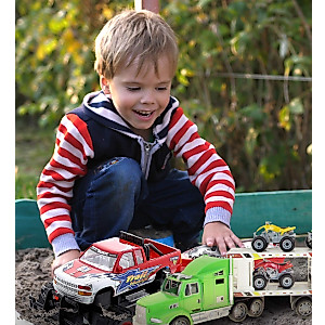 Mozlly Bundle of Friction Powered Hauler ATVs or Monster Trucks Car Carrier Playset & Monster Truck with Speed Boat Trailer Transport Toys - Push & Go