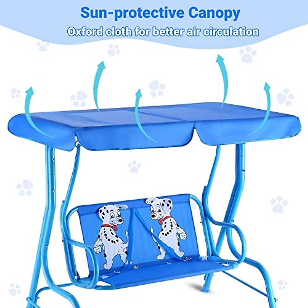 Costzon Patio Swing, All-Weather Porch Swing w/ Safety Belt, 2 Seats Outdoor Lounge Chair Hammock w/ Removable Canopy, Outdoor Swing Bench for Backyard Lawn Garden (Puppy Pattern, Blue)