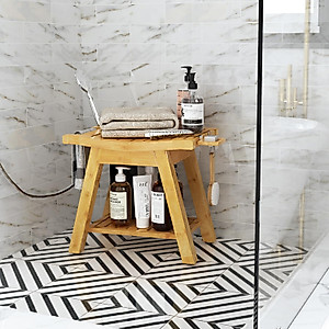 ETECHMART Bamboo Shower Bench Seat, A-Shaped Bath Spa Stool with Storage Shelf for Legs Shaving Inside Shower or Bathroom, Waterproof Wooden Shower Chair for Seniors Adults Disabled Elderly, Bamboo