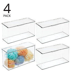 mDesign Plastic Bathroom Storage Organizer Box Containers with Hinged Lid for Vanity Drawers - Holds Lotions, Face Towels, Cotton Swabs, Soap, or Accessories - Lumiere Collection - 4 Pack - Clear