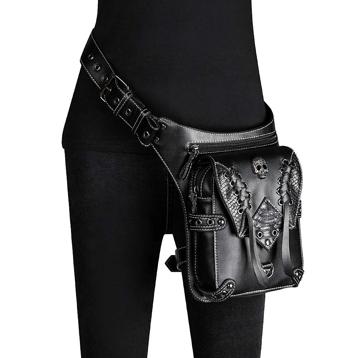 Gothic Waist Bag Fanny Pack Leather Steampunk Bag Purse Chain Leg Bag Crossbody Shoulder Messenger Hip Pouch (Black 038)