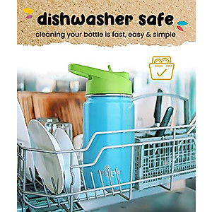 Kids Water Bottle - 12oz Blue | Leak Proof With Straw & Handle | 24 Hours Cold | Insulated, Double Wall Stainless Steel | Easy Sip Toddler Cup | Child's Flask | Eco Friendly