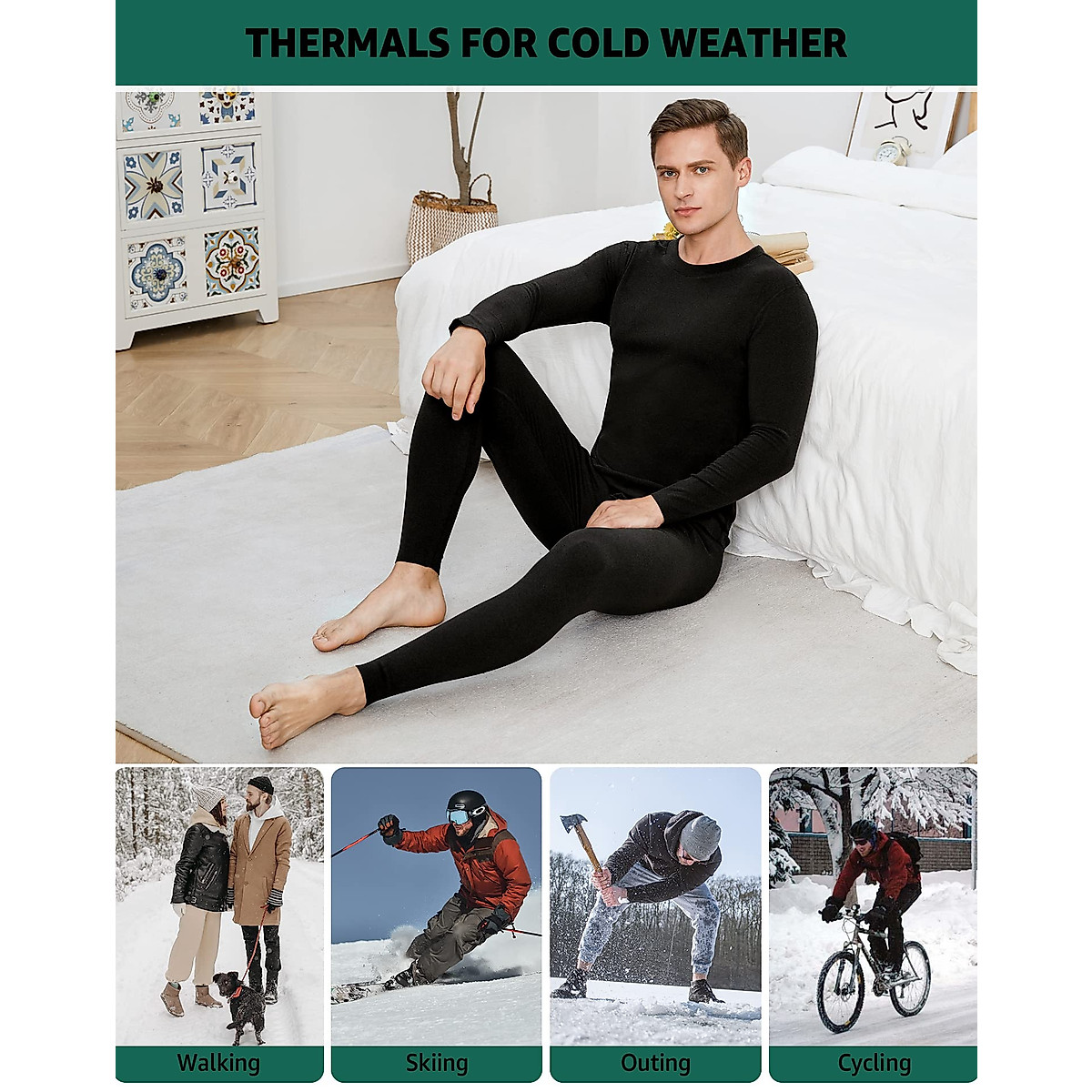 INNERSY Men's Thermal Underwear Set Lightweight Base Layer Long Johns for Winter Exercise(Black,X-Large)