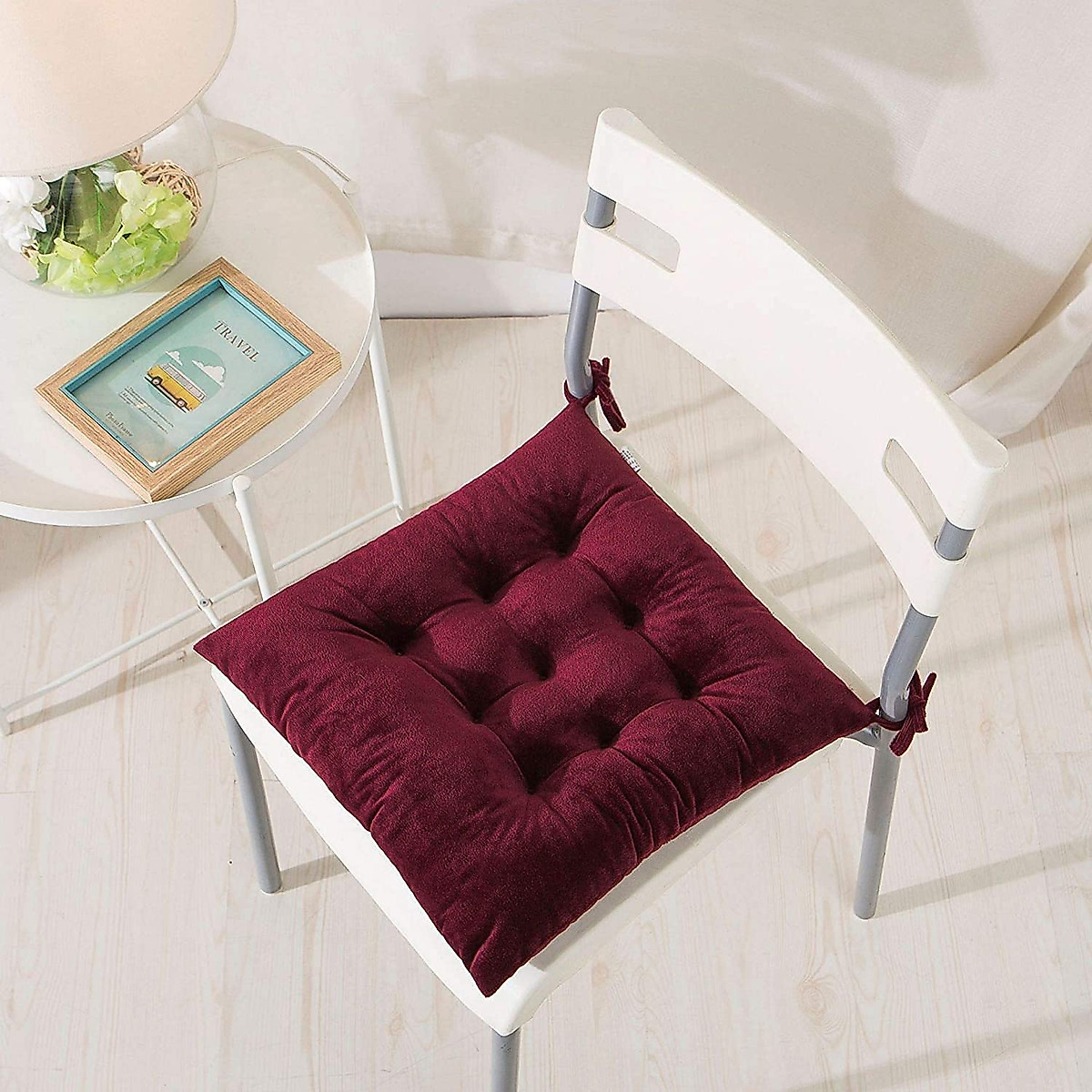 Set of 4 Chair Pads 40 X 40 cm Seat Cushions with Ties Soft Velvet Comfortable Square Cushions, for Dining Chairs Kitchen Living Room Patio Garden Indoor Outdoor,Burgundy,Burgundy