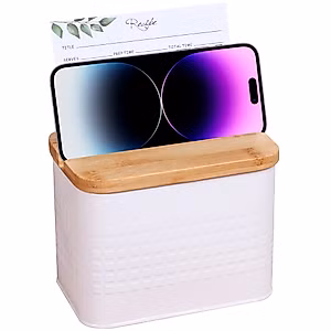 Jovai Brands Recipe Box - Metal Organization Tin Includes Blank Cards & Interior Dividers - Classic Neutral Style White Metallic Decorative Holder - Thick Card Stock - Perfect Organizer Gift Set