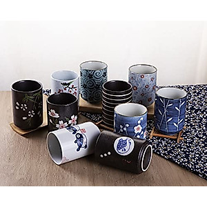 WHJY 10oz Transitional Chinese/Japanese style Handle-less Ceramic Tea cups teacup, Flora Pattern Set of 2