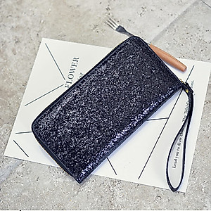 FuSi Sequined Wallet Casual 2-Fold Long Coin Purse for Gift (Black)