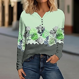 CzctKHun Long Sleeve Tops Long Sleeve Shirts for Women Womens Long Sleeve Shirts Womens Long Sleeve Tops V-Neck Pleated Pullovers Button Up Printing T-Shirt Comfy Tees Lightweight Sweatshirt