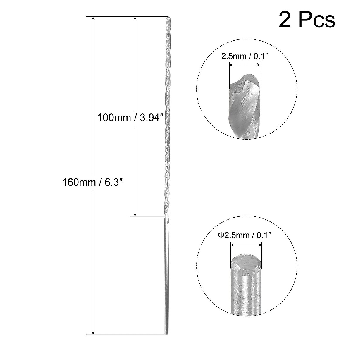 uxcell HSS(High Speed Steel) Extra Long Twist Drill Bits, 2.5mm Drill Diameter 160mm Length for Hardened Metal Woodwork Plastic Aluminum Alloy 2 Pcs