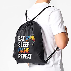 Pishovi Eat Sleep Game Repeat Drawstring Waterproof Backpack, Game Sports Bag for Man Women, Game Player Gifts, Game Gift for Game Lover Game Fan, Game Lover Gift Idea