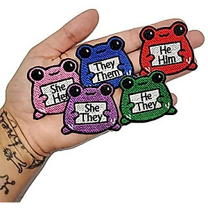 Pronoun "Statement Frogs" Embroidered Patch- USA Made- Multiple Colors Available (Turquoise He/Him)